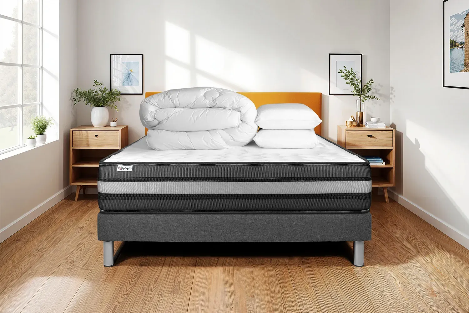 Pack lit complet 140x200 cm - Matelas + Sommier Gris (en kit) + 2 ...
